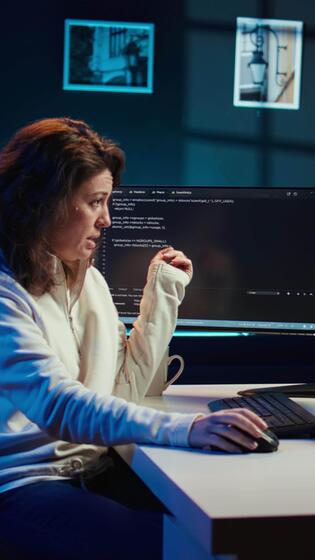 Vertical Woman doing software debugging helped by coworker in videocall, checking errors in ...