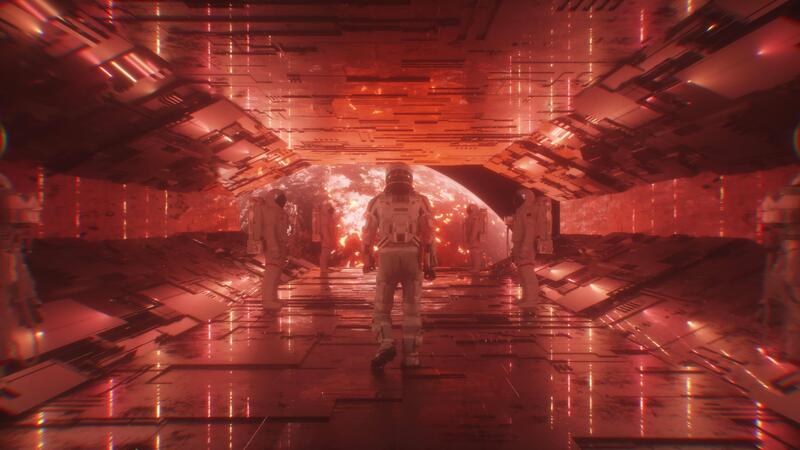 Astronaut Walking in Tunnel Between other Astronauts at View of ... Astronaut Walking in Tunnel Between other Astronauts at View of ...