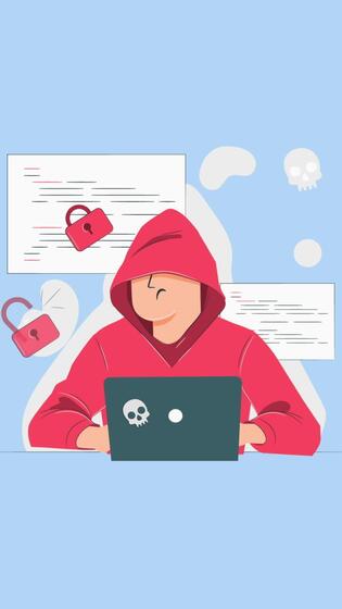 Hacker With Laptop Computer Stealing Passwords And Breaking In Confidential Data On Vertical 2d