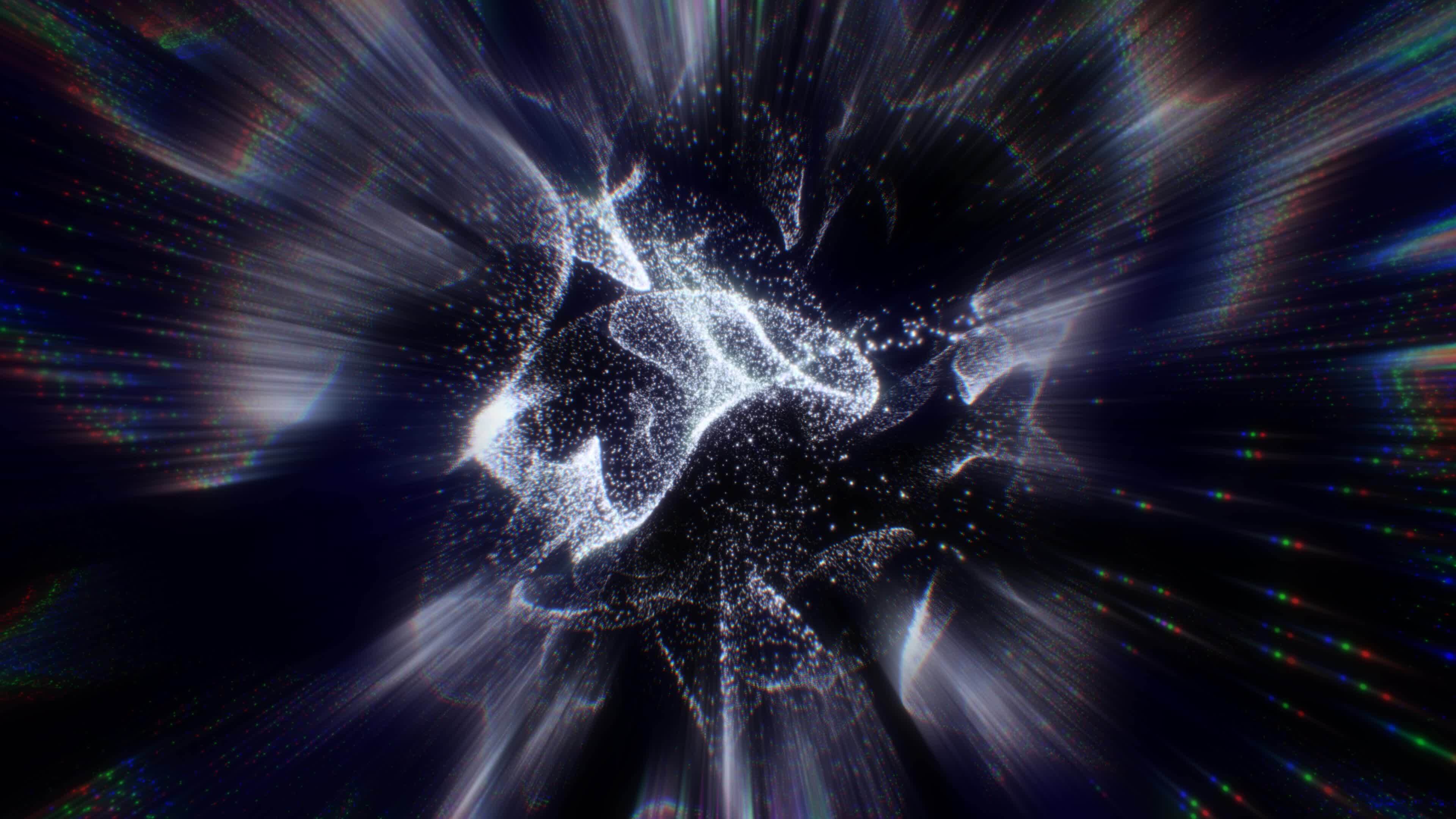 Abstract burst of white particles and light streaks on a dark background, creating a dynamic ...