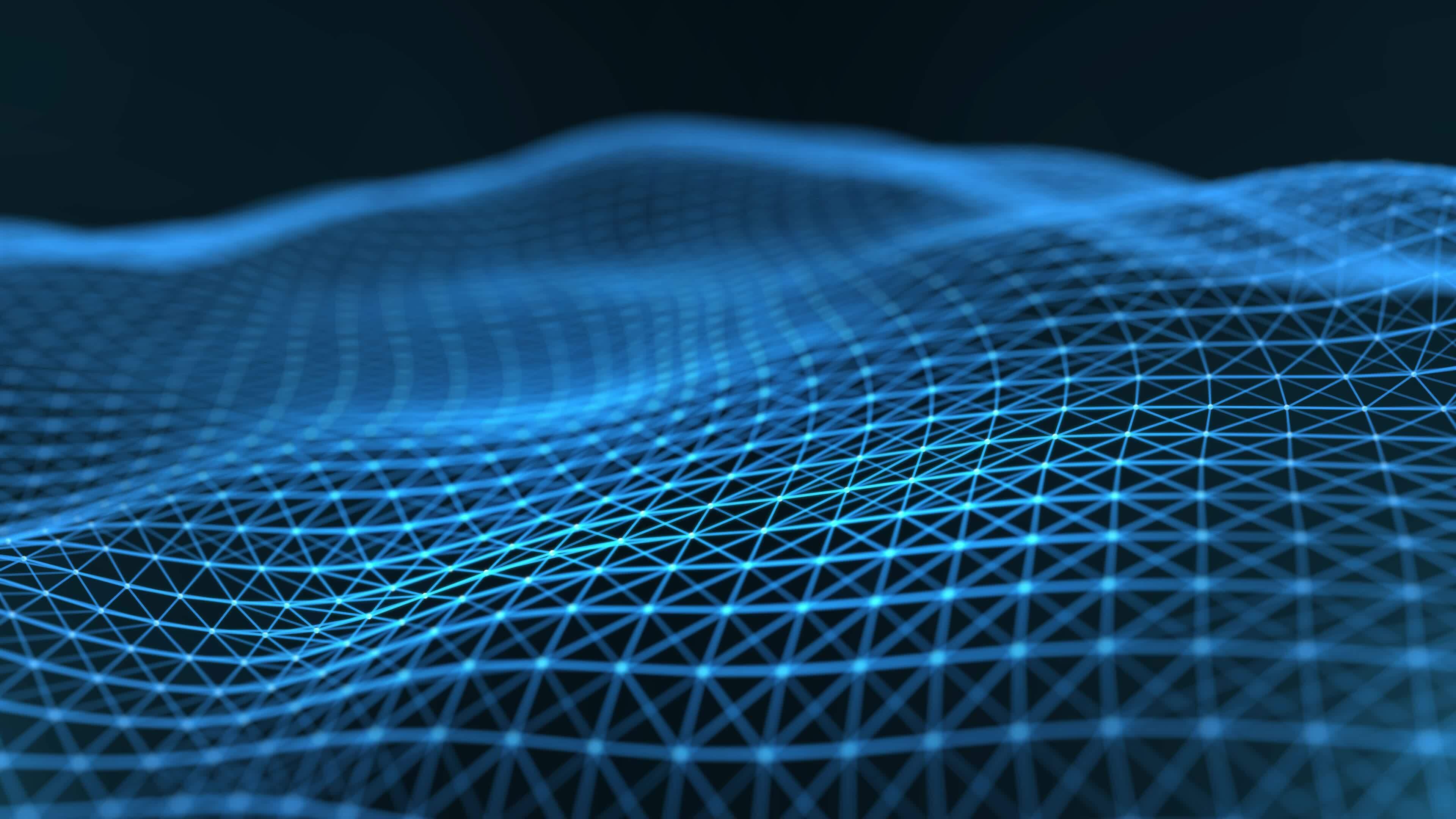 Abstract digital dynamic waves of particles and lines interwoven with light motion lights ...