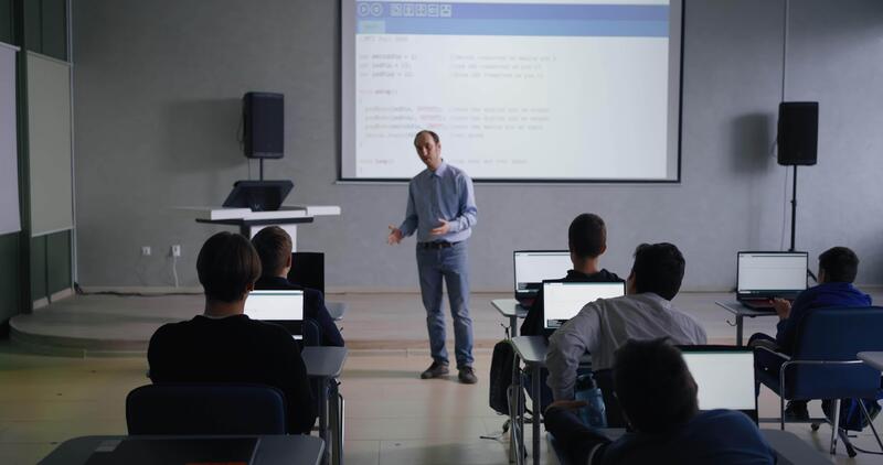 Modern Computer-Based Classroom In Contemporary School, Teens Boys ...