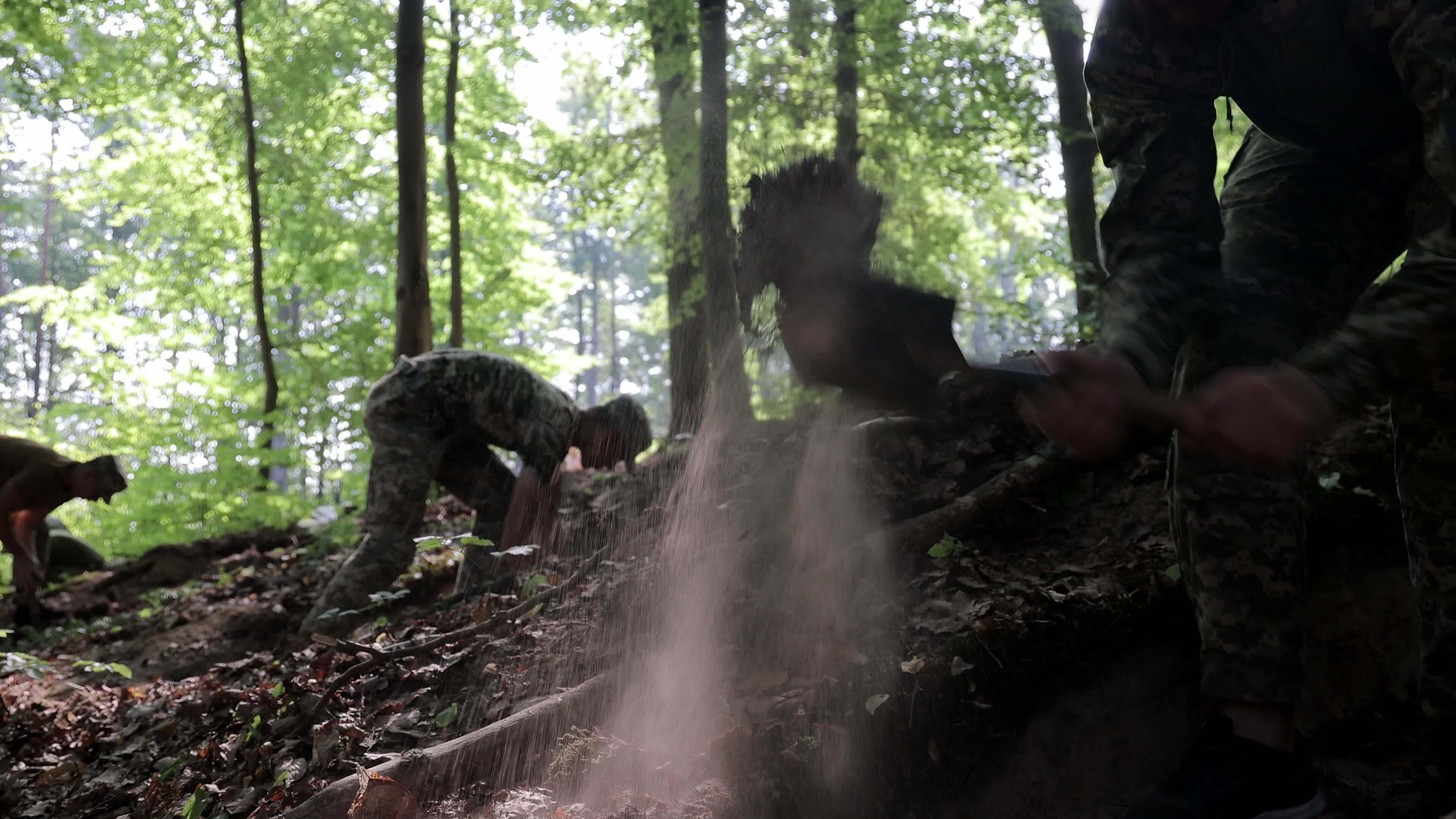 Soldiers digging trenches in a dense forest. A group of Ukrainian ... Soldiers digging trenches in a dense forest. A group of Ukrainian ...