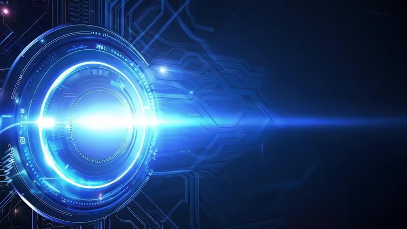 Futuristic blue light beam emanating from a circular interface with high-tech design elements ...