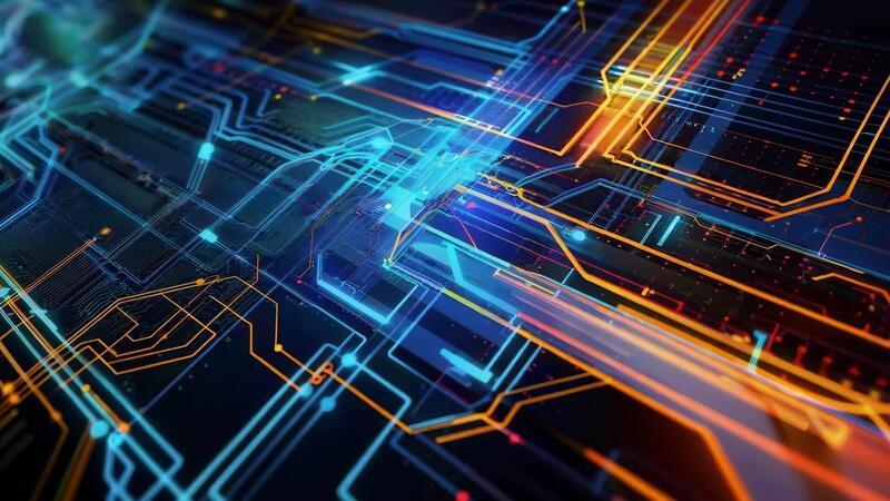 An abstract representation of digital circuits and neon lights ...