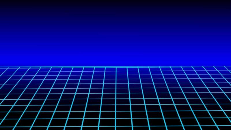 Retro futuristic grid motion background with blue glowing light beams. This stylish synthwave ...