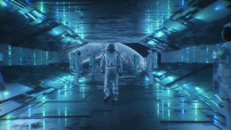 Astronaut Walking Between other Astronauts In Sci-Fi Neon Glowing ... Astronaut Walking Between other Astronauts In Sci-Fi Neon Glowing ...