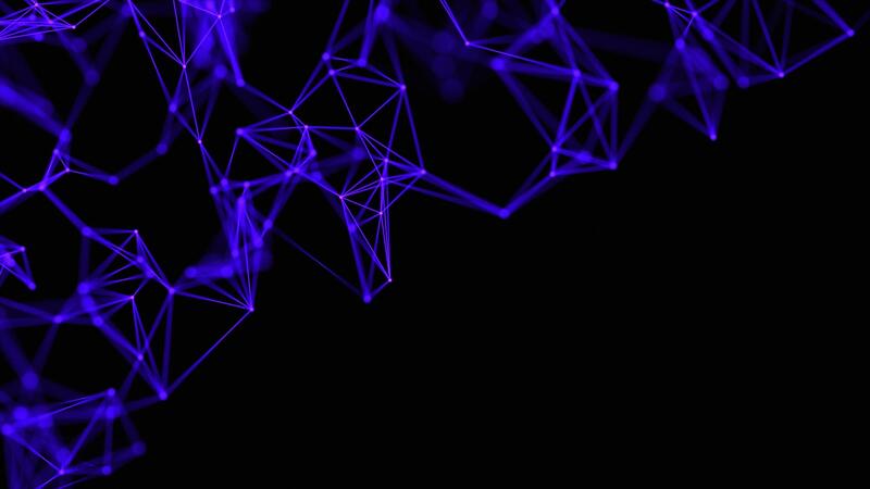 Loop abstract digital plexus background of blue purple gradient shining lines and dots ...