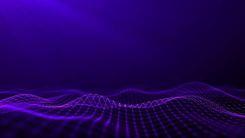 Abstract purple digital waves on dark background. Purple cinematic intro animation. Smoothly ...