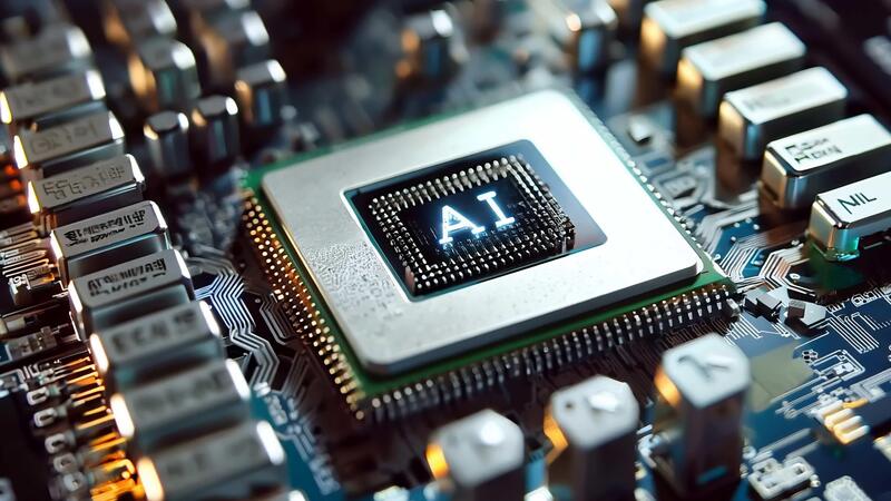 A detailed closeup view of an AI microprocessor on a circuit board ...