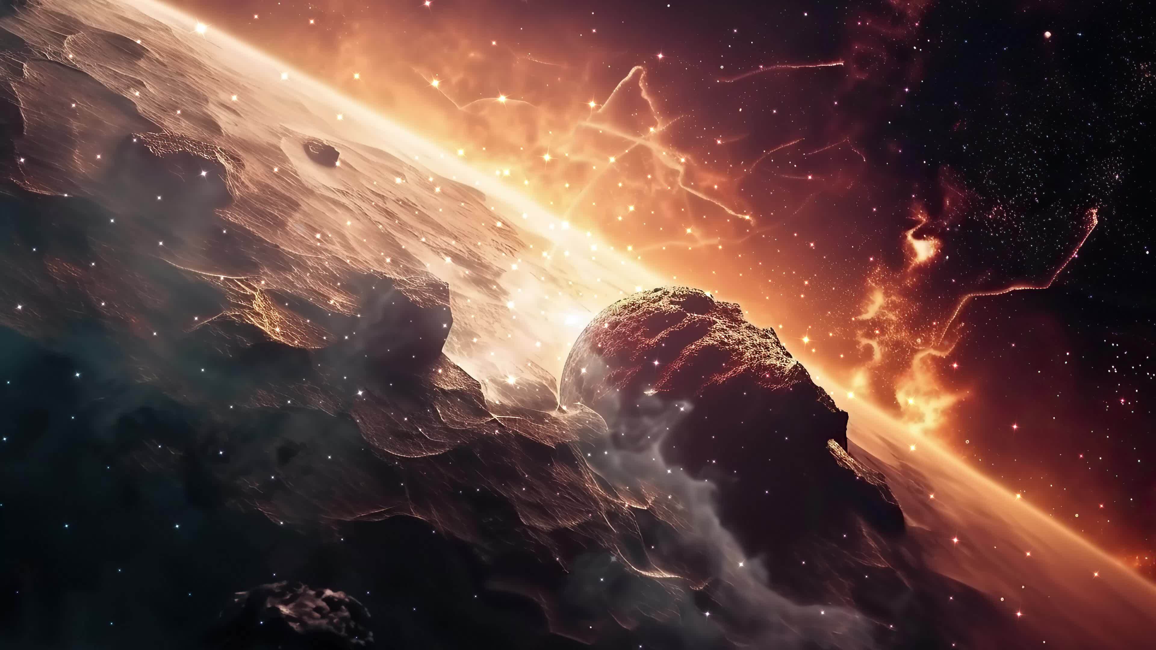 Fire planet. Galaxy and Nebula. Abstract flyby space background ...