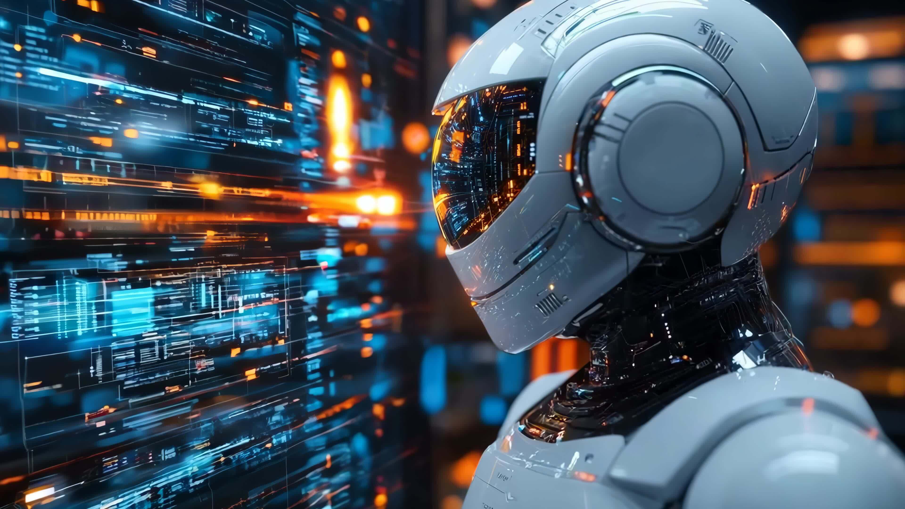 A robot standing in front of a computer screen 50617718 Stock Video at ...