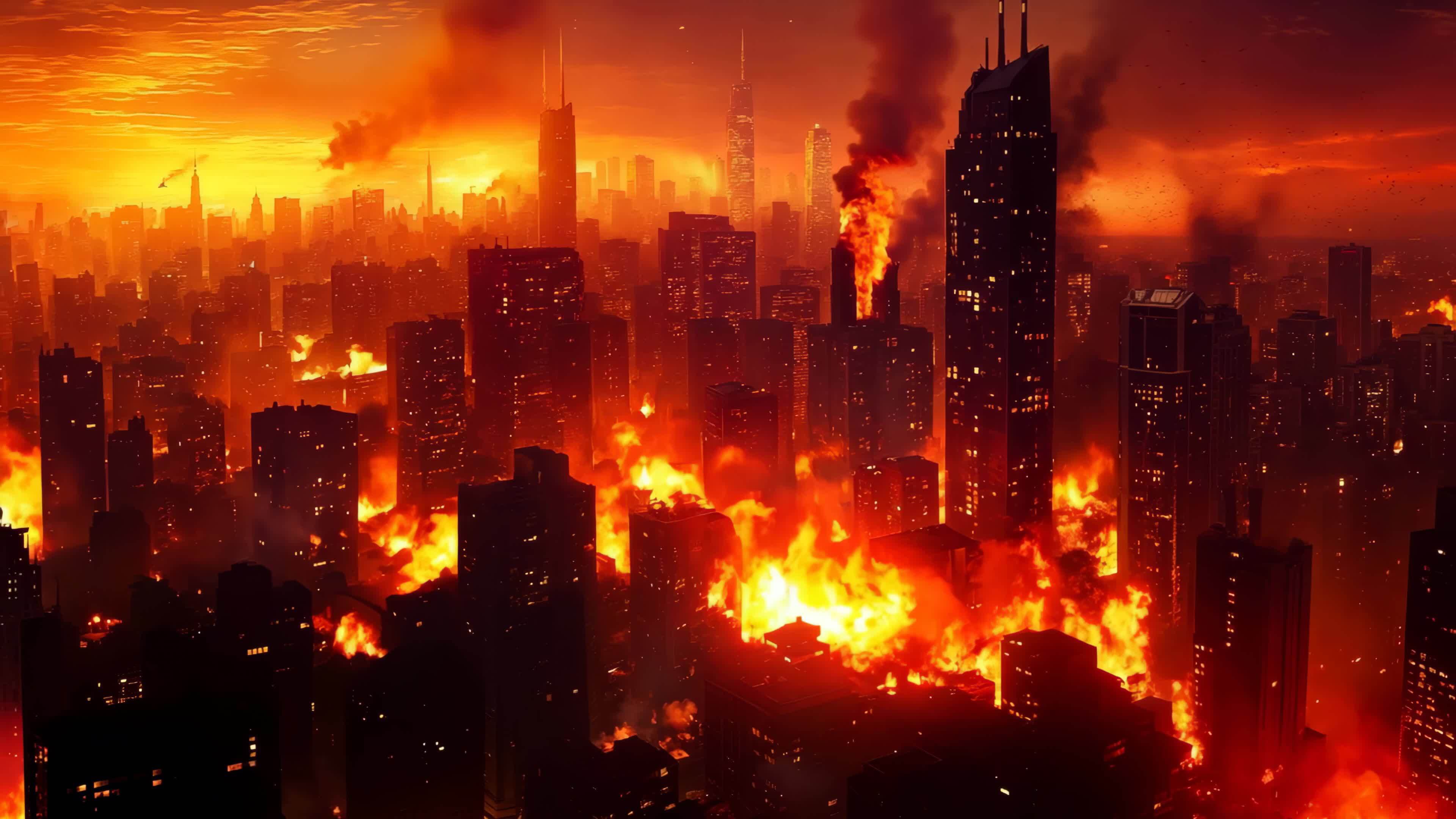 A city on fire in the middle of a city at night 50619679 Stock Video at Vecteezy