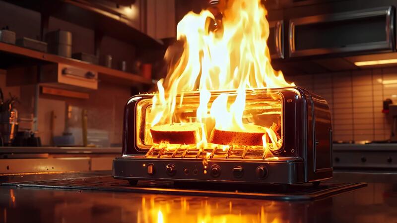 A toaster on fire in a kitchen with a toaster oven on the stove 50619868 Stock Video at Vecteezy
