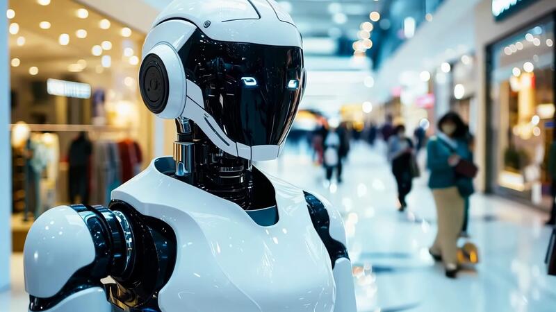 A robot in a shopping mall with people walking by 50735754 Stock Video at Vecteezy