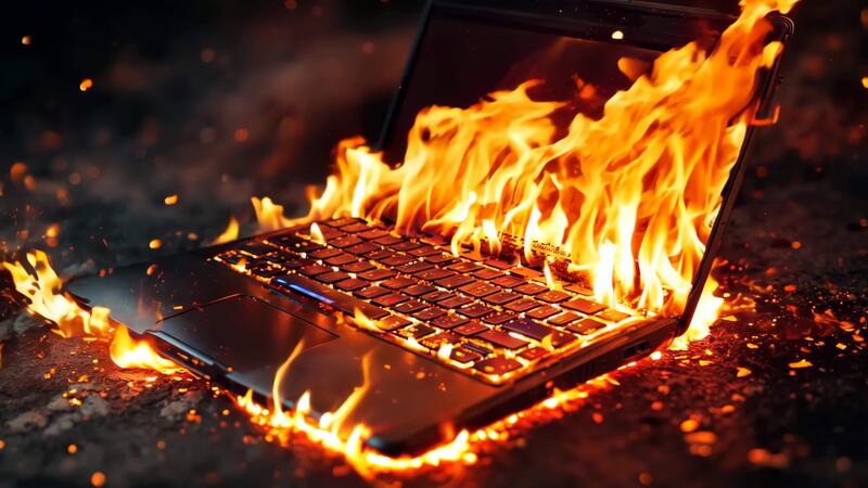 A laptop computer on fire on the ground 50735778 Stock Video at Vecteezy