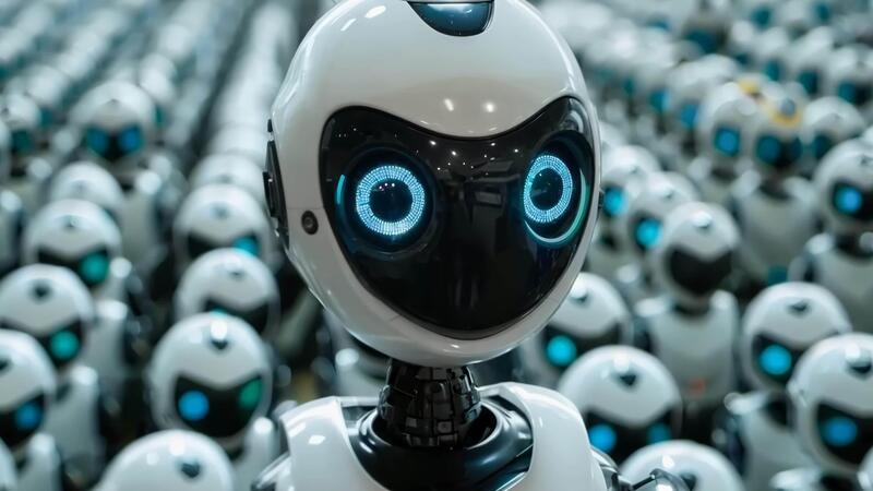 A robot standing in front of a large group of robots 50766326 Stock Video at Vecteezy