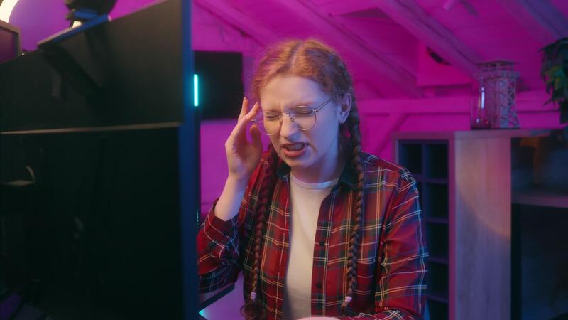 Caucasian Woman Girl Unwell Female Teen Gamer Streamer Influencer Blogger Coder Programmer Neon