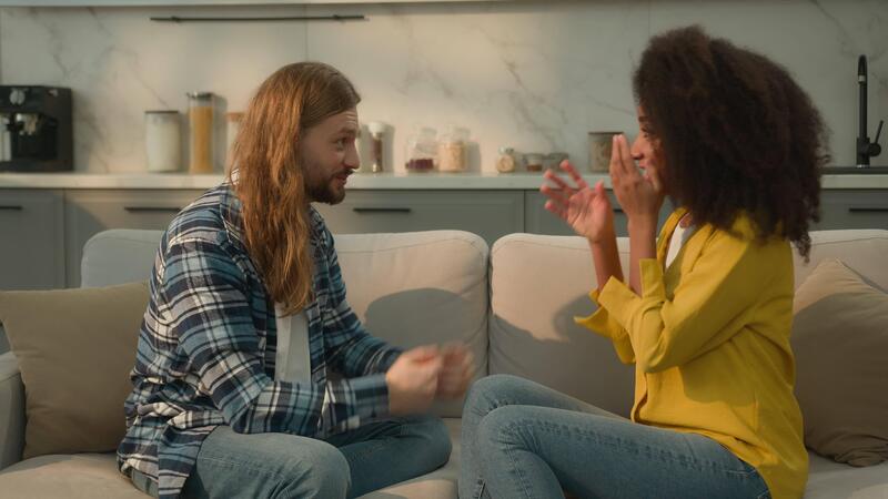 Multiracial couple multiethnic man woman diversity girl guy Caucasian male talking share good ...