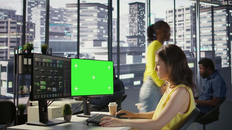 Admin Using Multi Monitor Green Screen Pc To Create Machine Learning Models That Can Process