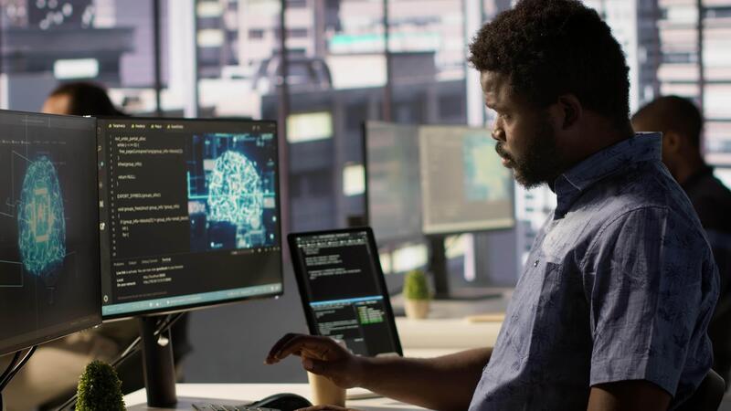 Manager Coming To Check On Progress Done By Programmer Creating Ai Machine Learning Models That