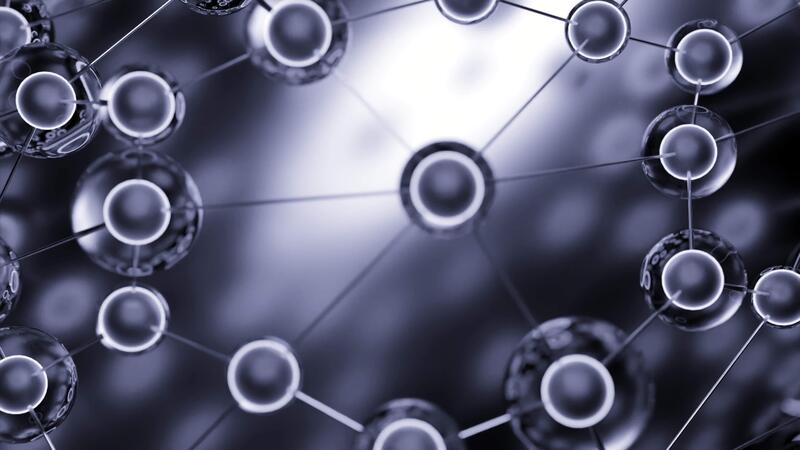 Green and gray background. Design. Connected molecules with a nucleus that move in different ...