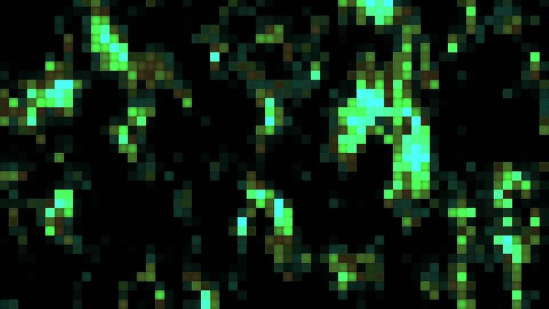 Shimmering pixel pattern moves on black background. Motion. Bright flickering pixels move in ...
