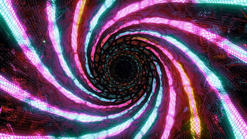 Rotating cyber tunnel with neon lines. Design. Rotating spiral of neon lines in tunnel. Movement ...