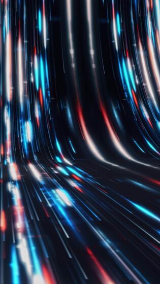 Neon streams move along curved trajectory on black background. Animation. Bright tracks with ...