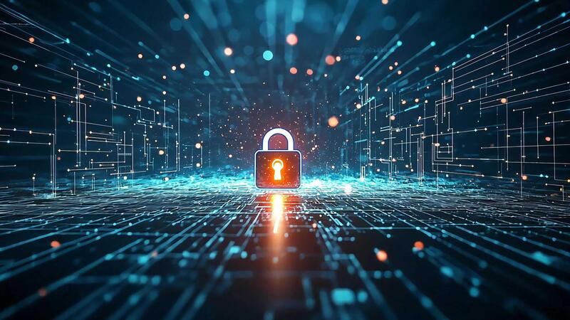 Digital lock icon on a blue grid network, representing secure data ...