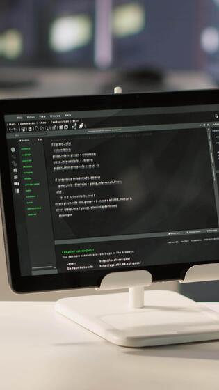 Vertical Programming language on digital device screen in empty IT ...