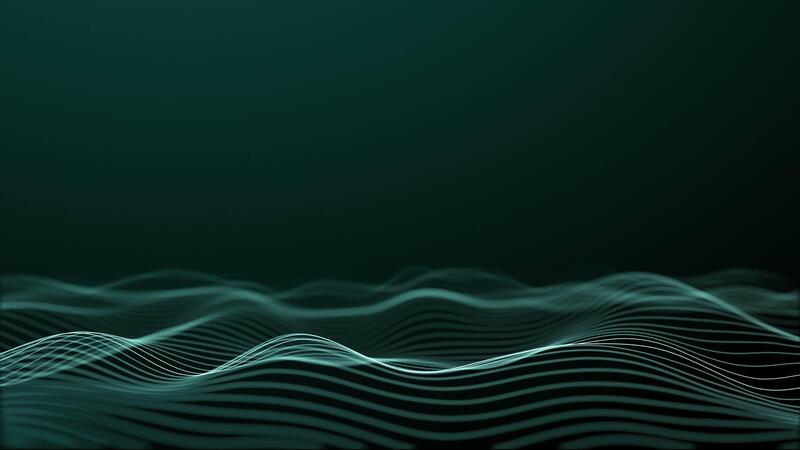 Glowing green wave. Abstract green background. Moving flow green color particles flashing micro ...