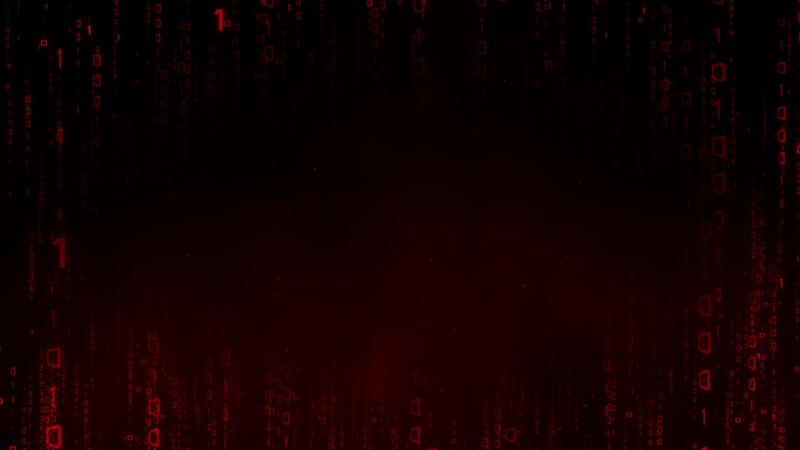 Animated red matrix background with glowing numbers and central copy space for new technologies ...