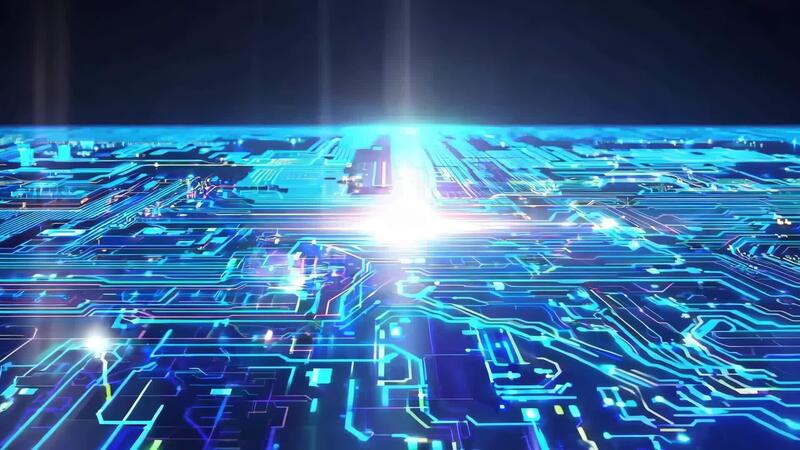 Futuristic circuit board glowing in blue light, representing advanced ...