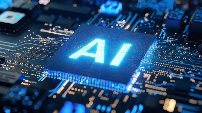 Close-up of a glowing AI circuit board representing artificial ...