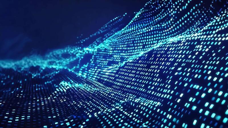 Abstract digital landscape with glowing blue lines and data points representing technology, data ...