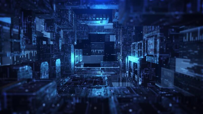 Big data tunnel sci-fi animation, Futuristic Square tunnel box background, Neural Networks, blue ...