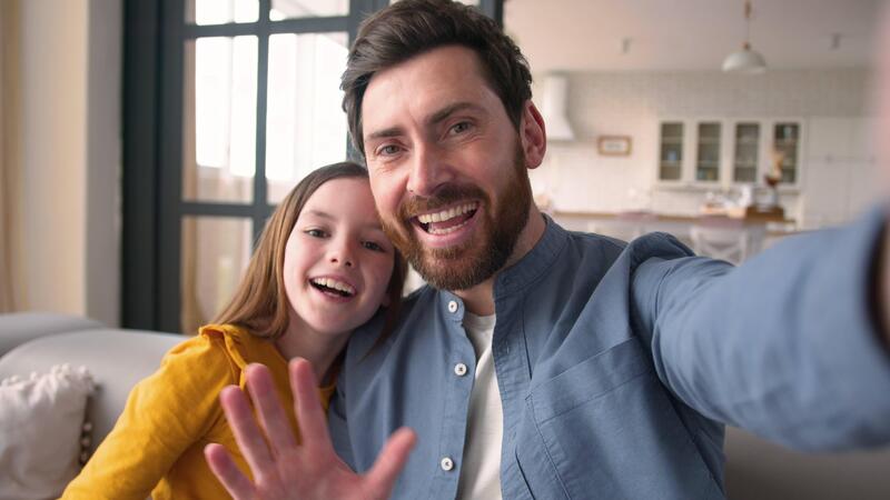 POV phone happy smiling Caucasian family call dad male parent type screen mobile button webcam ...