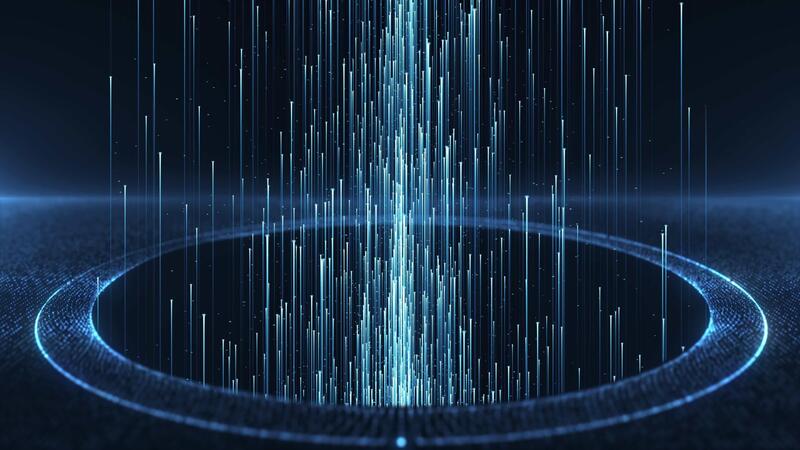 Digital waves of particles emit light and stream of data points, big data visualization ...