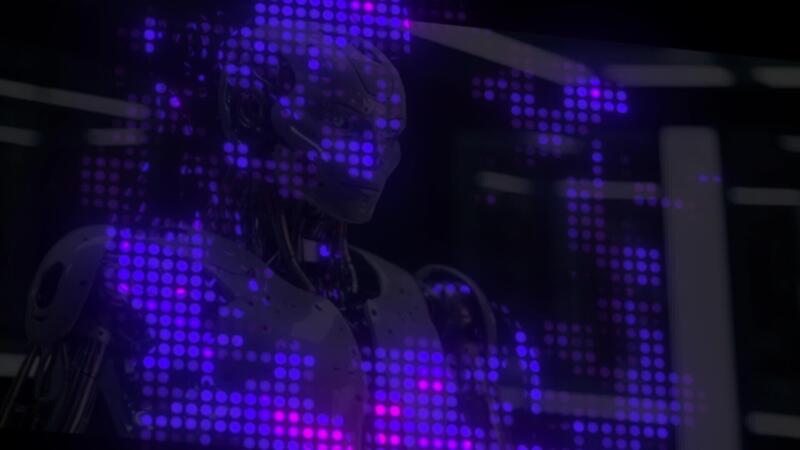 Futuristic Robot Showcases Digital Wave Animations, Merging Advanced Technology, Artificial ...