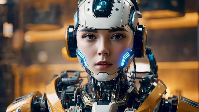 A close-up of a female robot with humanoid features, advanced robotics and futuristic design ...
