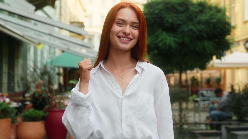 Beautiful Caucasian woman girl female businesswoman joyful happy ...