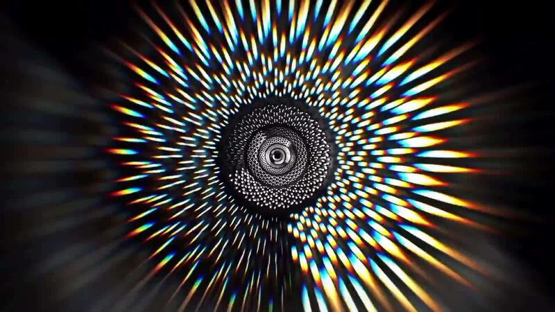 4k seamless looped animation. Fly through mirror tunnel with neon pattern, glow lines form sci ...
