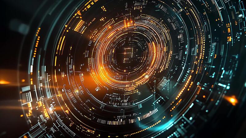 Futuristic digital interface with glowing rings and complex data flow, representing advanced ...
