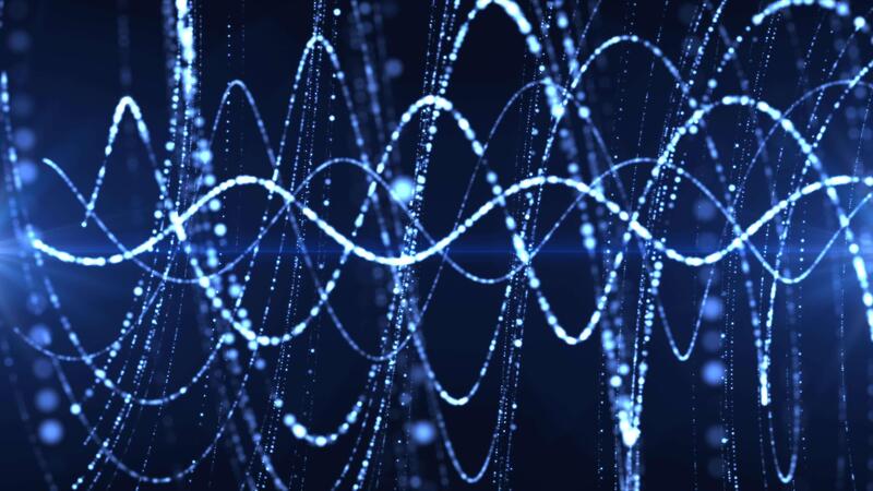 Abstract waves from lines and dots of particles of glowing swirling futuristic hi-tech. Abstract ...