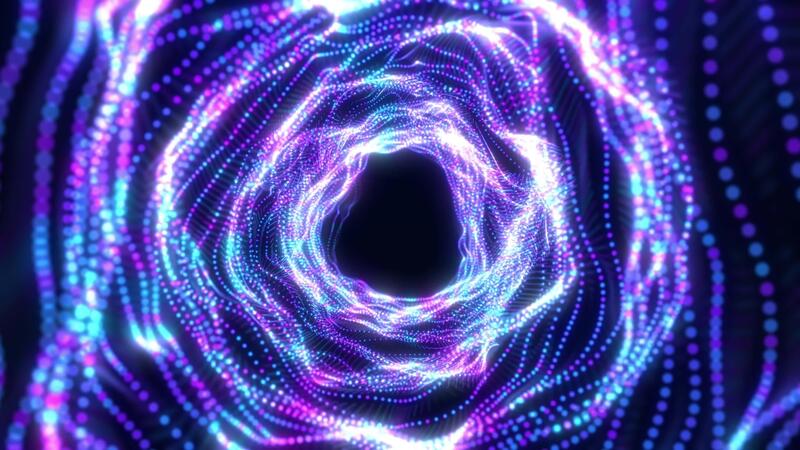 Digital futuristic particle tunnel with wave energy or travel through time and save at high ...