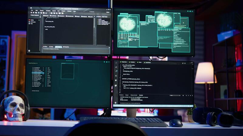 Close up of desk in criminals den and hacking software interface on PC ...