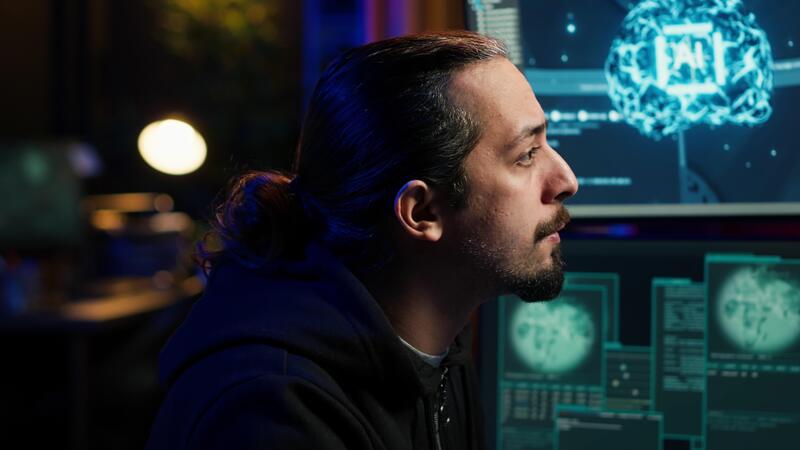 Hacker Using Ai Machine Learning On Computer To Produce Malware Corrupting Data Scammer Working