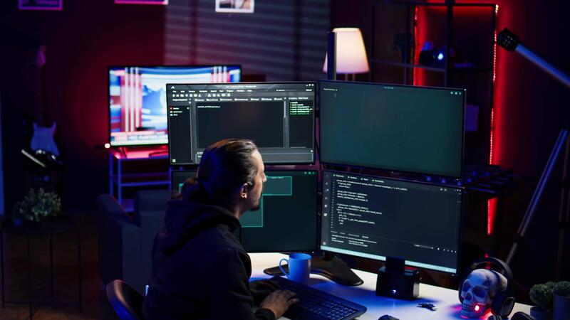 Hacker In Secret Hideout Typing On Keyboard Trying To Hide Online