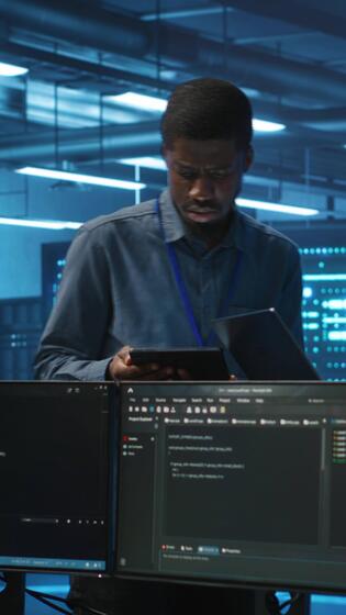 Vertical Multiracial team of technicians working in high tech server hub capable of storing vast ...